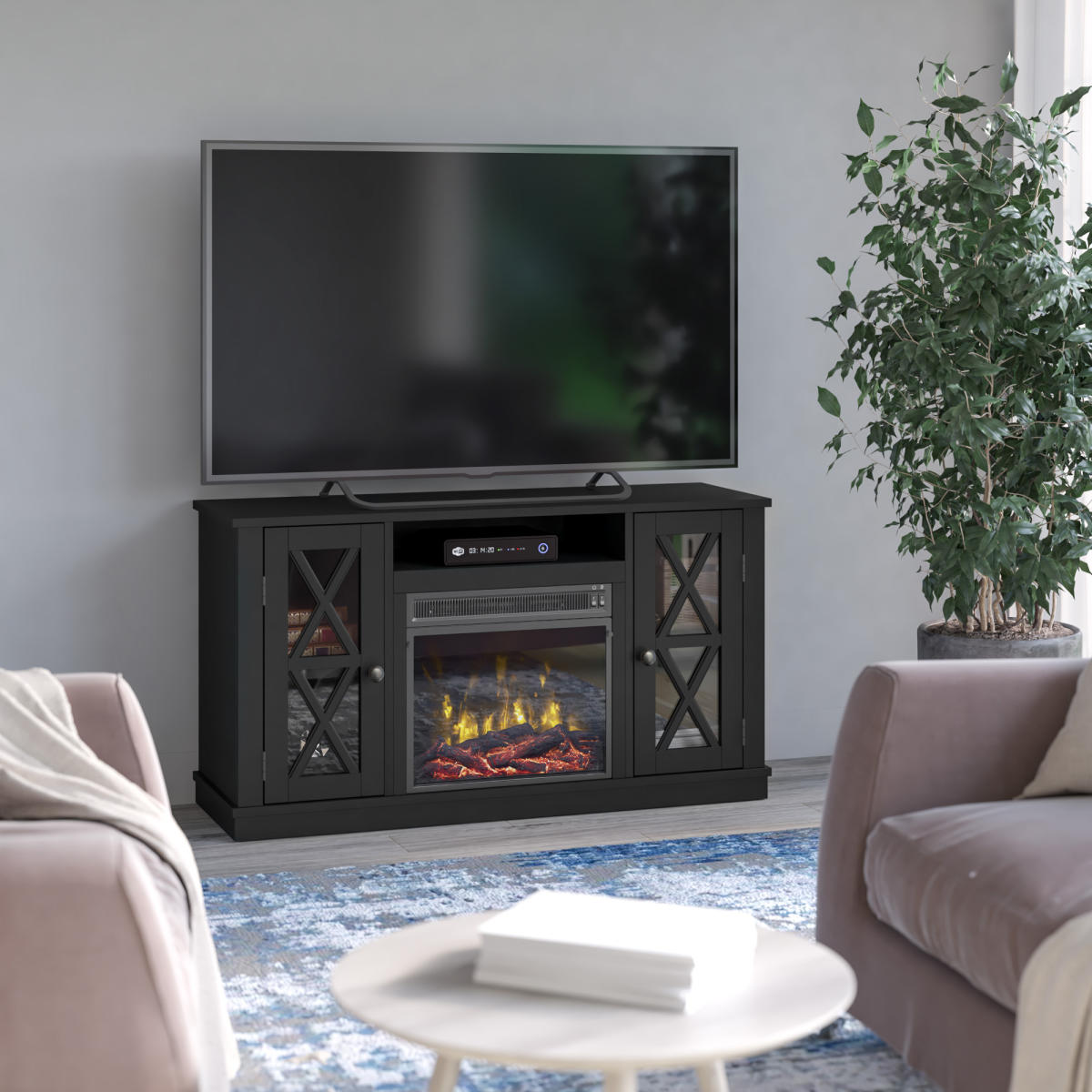 TV Stand for TVs up to 55" with Electric Fireplace and Glass Doors wit ...