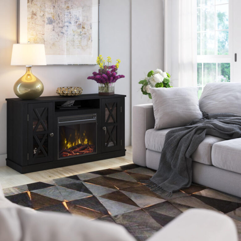 TV Stand for TVs up to 55″ with Electric Fireplace and Glass Doors with ...